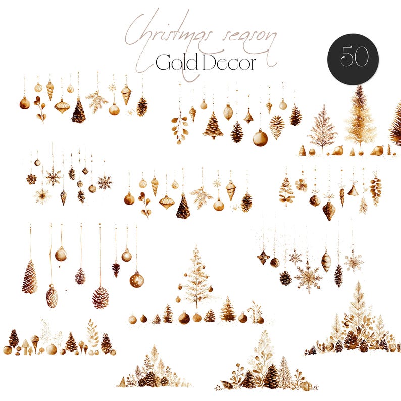 Gold Christmas Clipart Bundle - Watercolor Christmas Trees, Ornaments ...