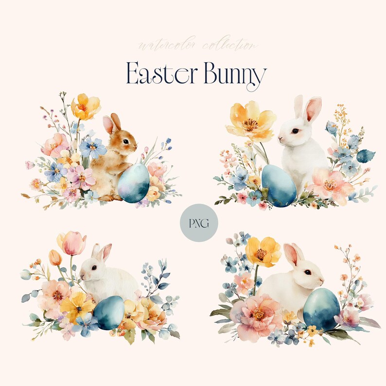 Easter Bunny Clipart PNG Set, Watercolor Rabbit With Flowers Eggs ...