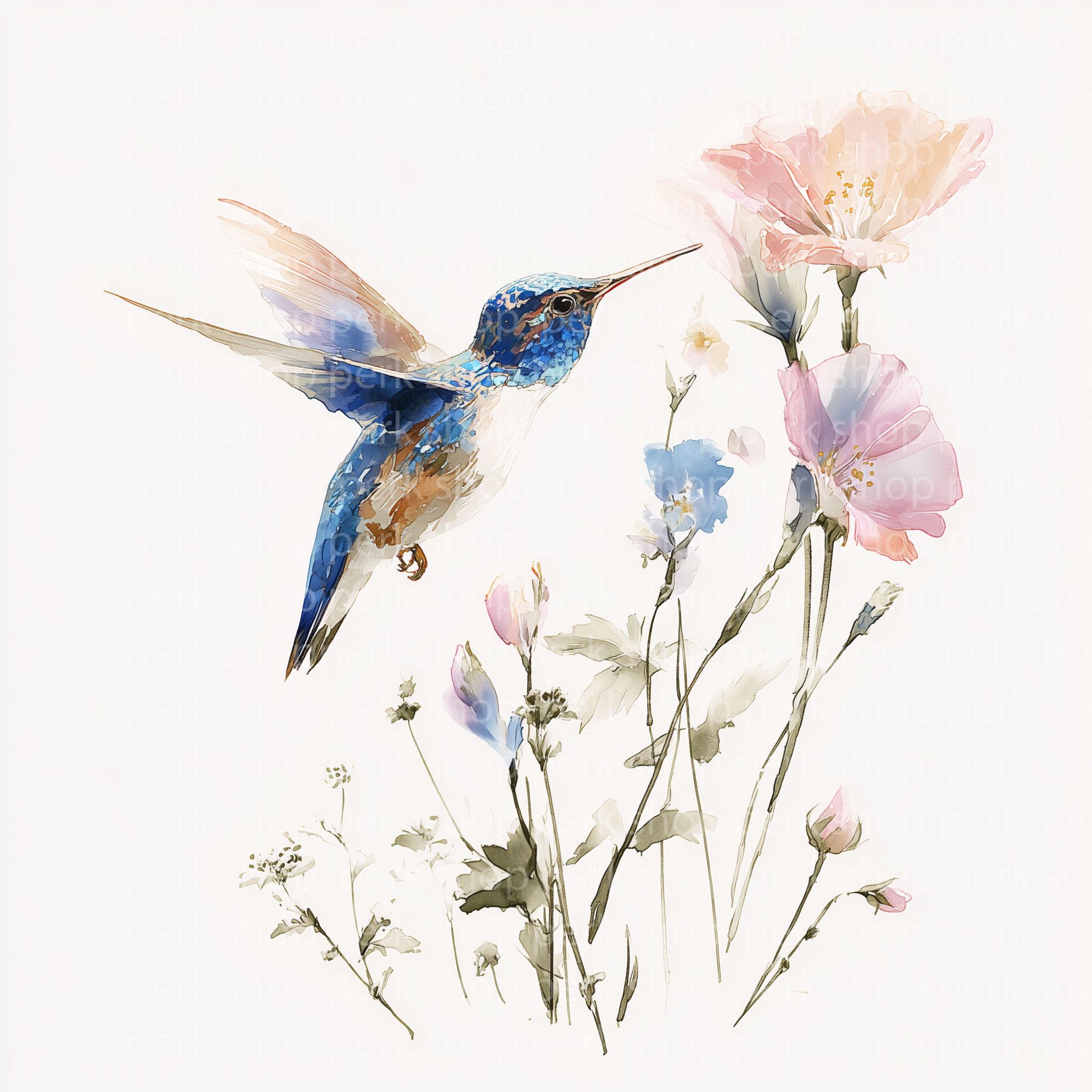 Wildflower Hummingbird Clipart, Spring Flowers JPG, Botanical Wall Art ...