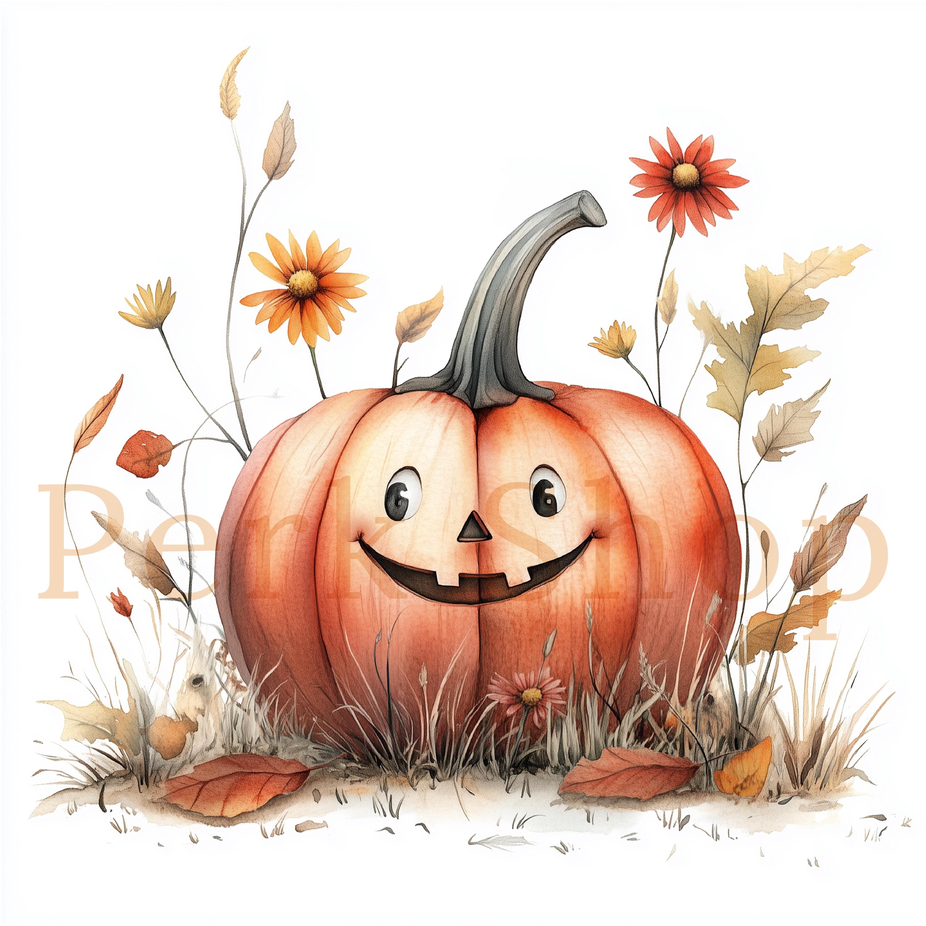 Cute Pumpkin Watercolor Clipart, Halloween Cartoon Face, Florals and ...