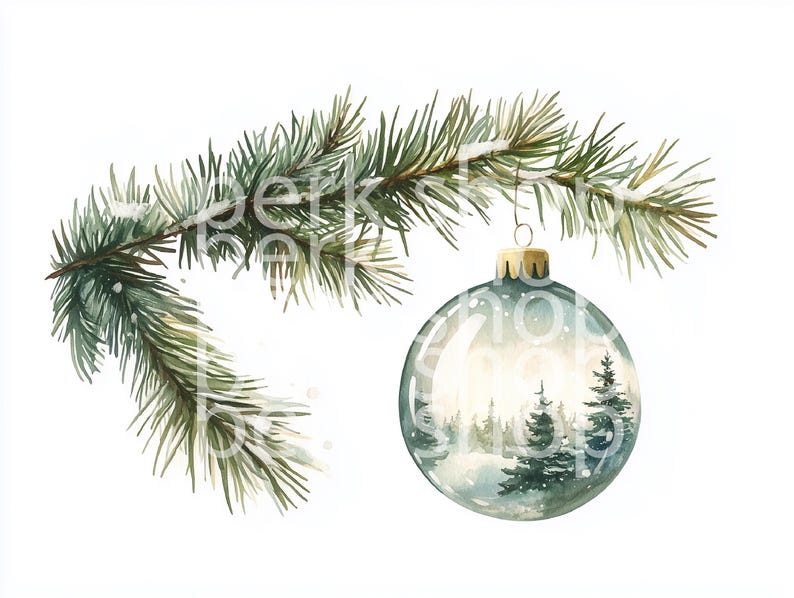 10 Christmas Tree Bauble Clipart, Winter Landscape Watercolor Art ...