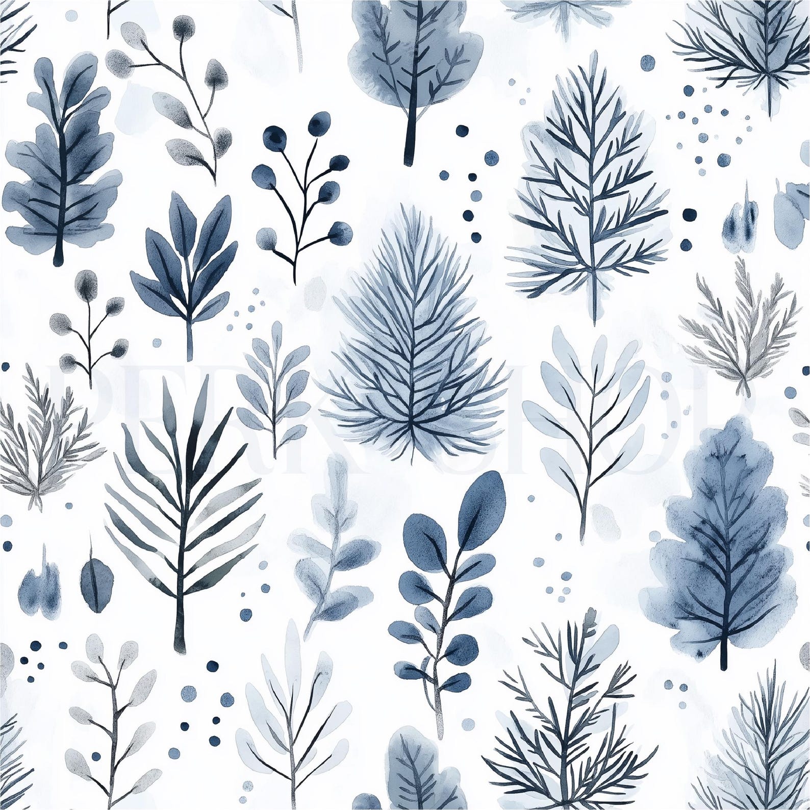 24 Winter Digital Paper, Blue Watercolor Botanical Clipart, Printable ...