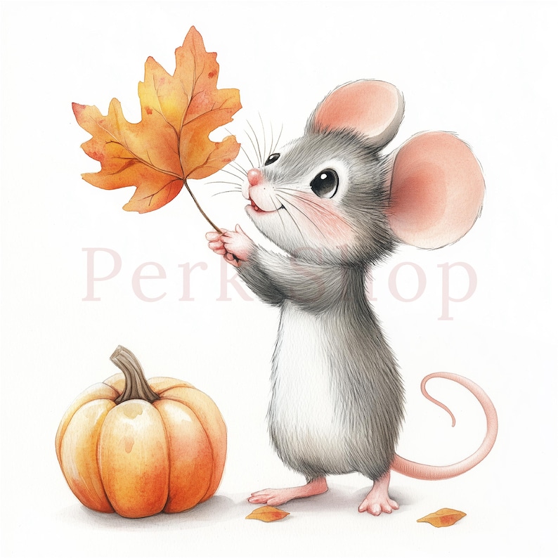 Watercolor Mouse Clipart: Autumn Leaf & Pumpkin Designs (digital ...