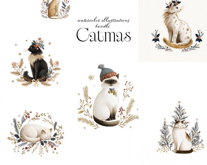 Christmas Cat Clipart Set of 10 JPEG, Cute Holiday Kitten Illustrations ...