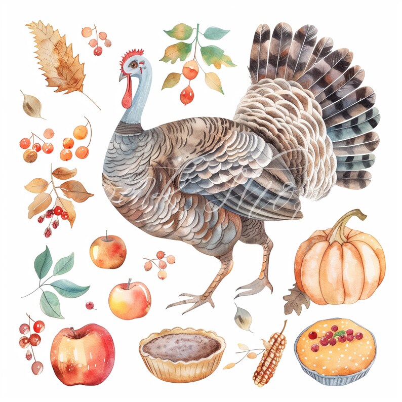 Thanksgiving Turkey Autumn Clipart, Floral Fall Watercolor, Printable ...