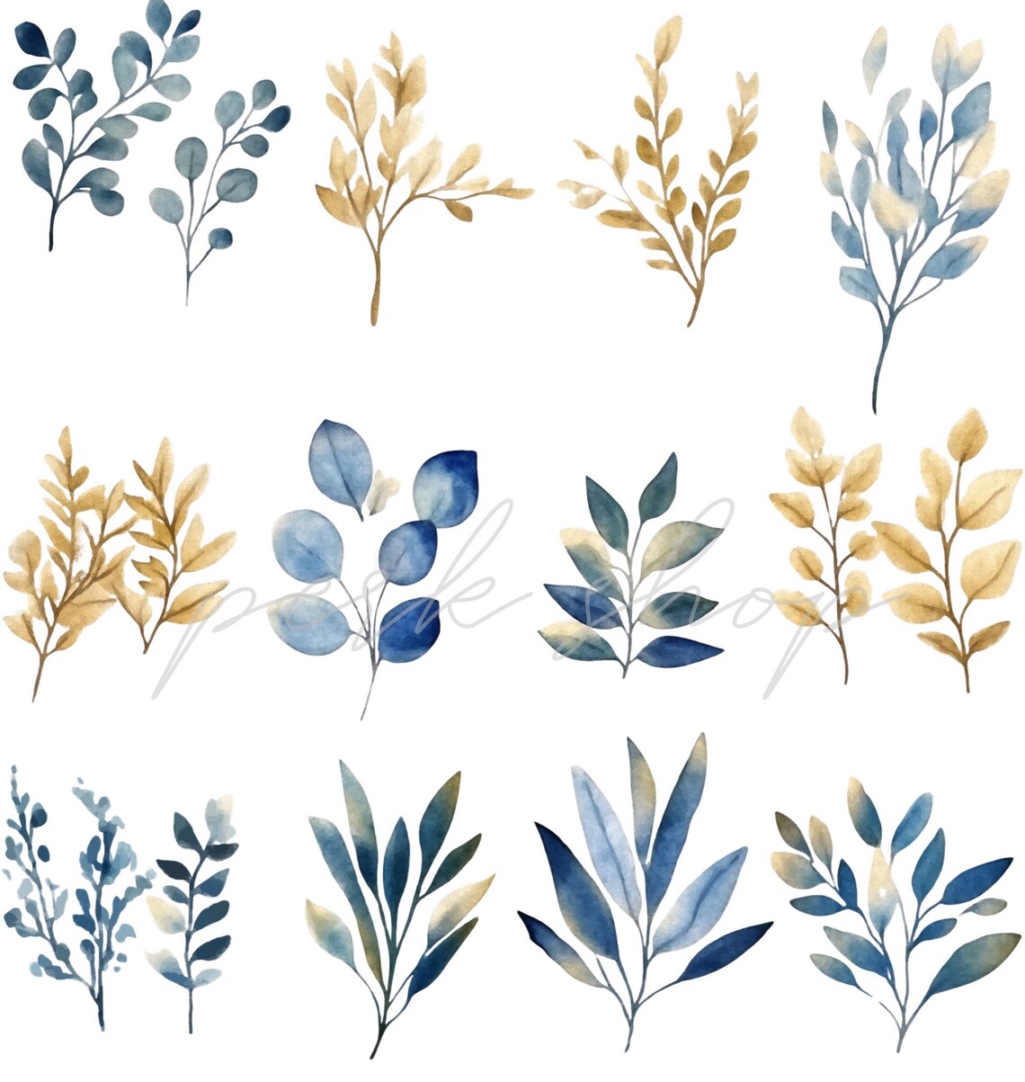 Blue and Gold Eucalyptus Watercolor Clipart: Mini Twigs (digital ...