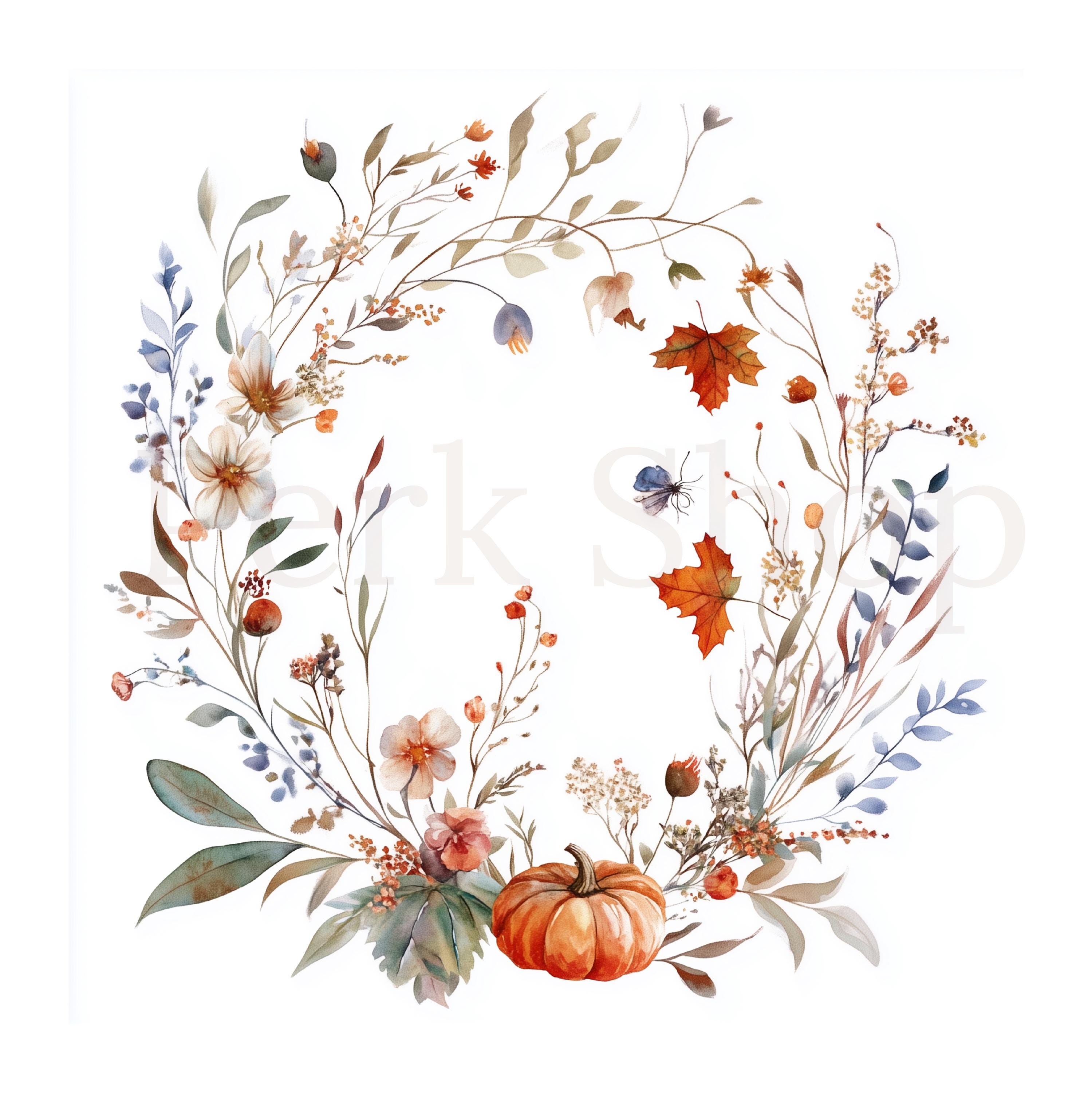 Autumn Watercolor Floral Wreaths Clipart: Fall Flowers, Leaves ...