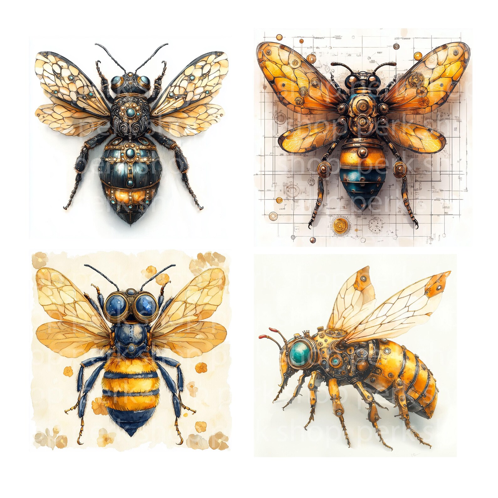 Steampunk Bee Watercolor Clipart: Vintage Insect Illustrations (digital ...