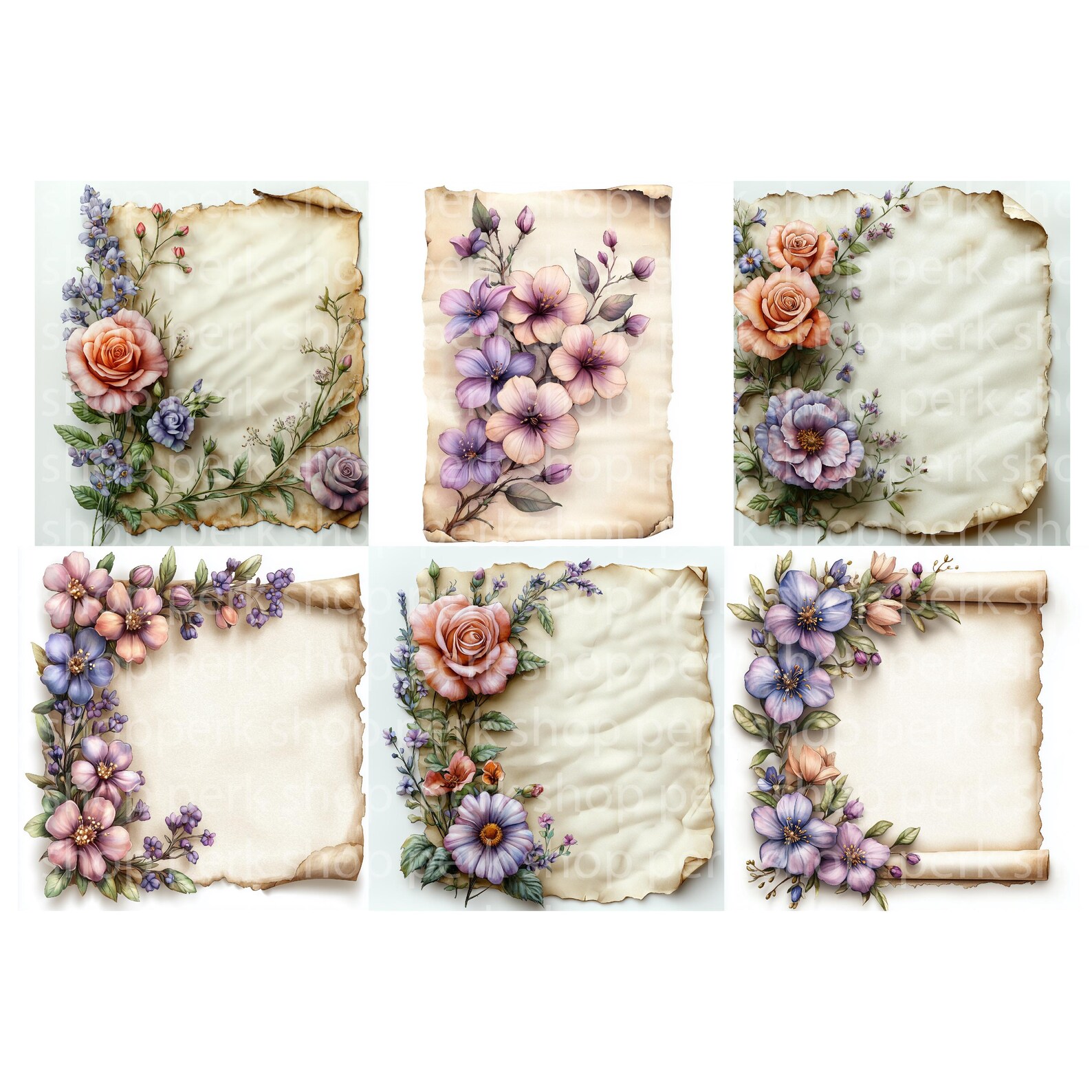 21 Floral Scroll Paper Clipart, Old Paper Flowers Clipart, High Quality ...