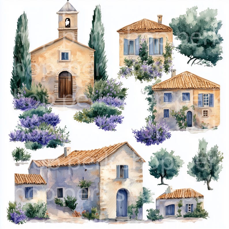 Provence Watercolor Clipart: French Village & Lavender (digital ...