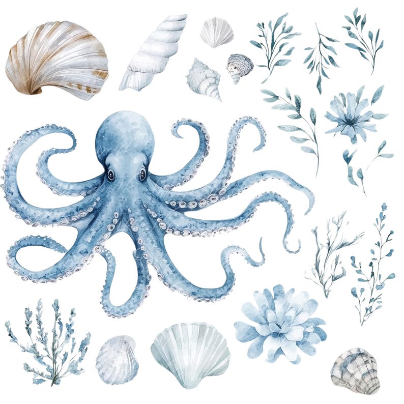 10 Whimsical Octopus Clipart Png, Nautical Coastal Watercolor ...