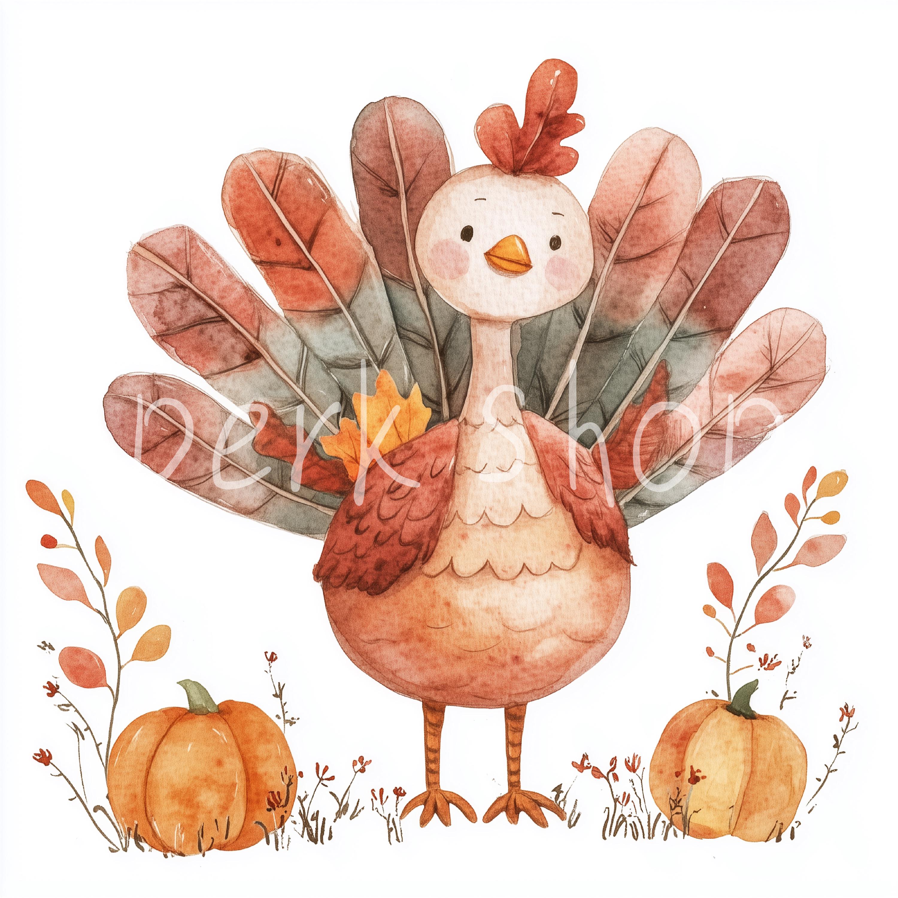 8 Whimsical Watercolor Cartoon Turkey Clipart, Thanksgiving Autumn Bird ...