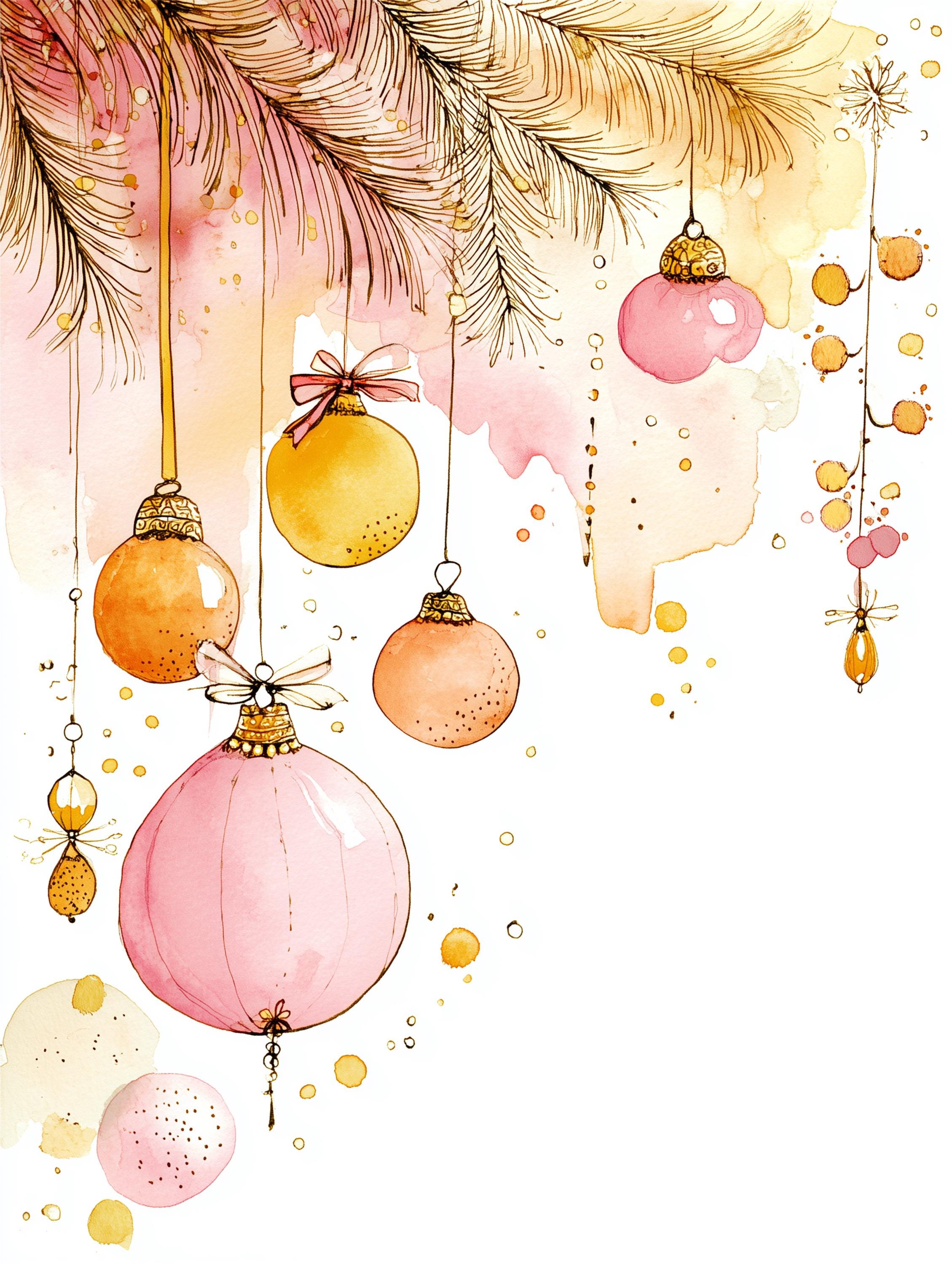 Pink Christmas Corner Clipart, Watercolor Baubles Ornaments, Feminine ...