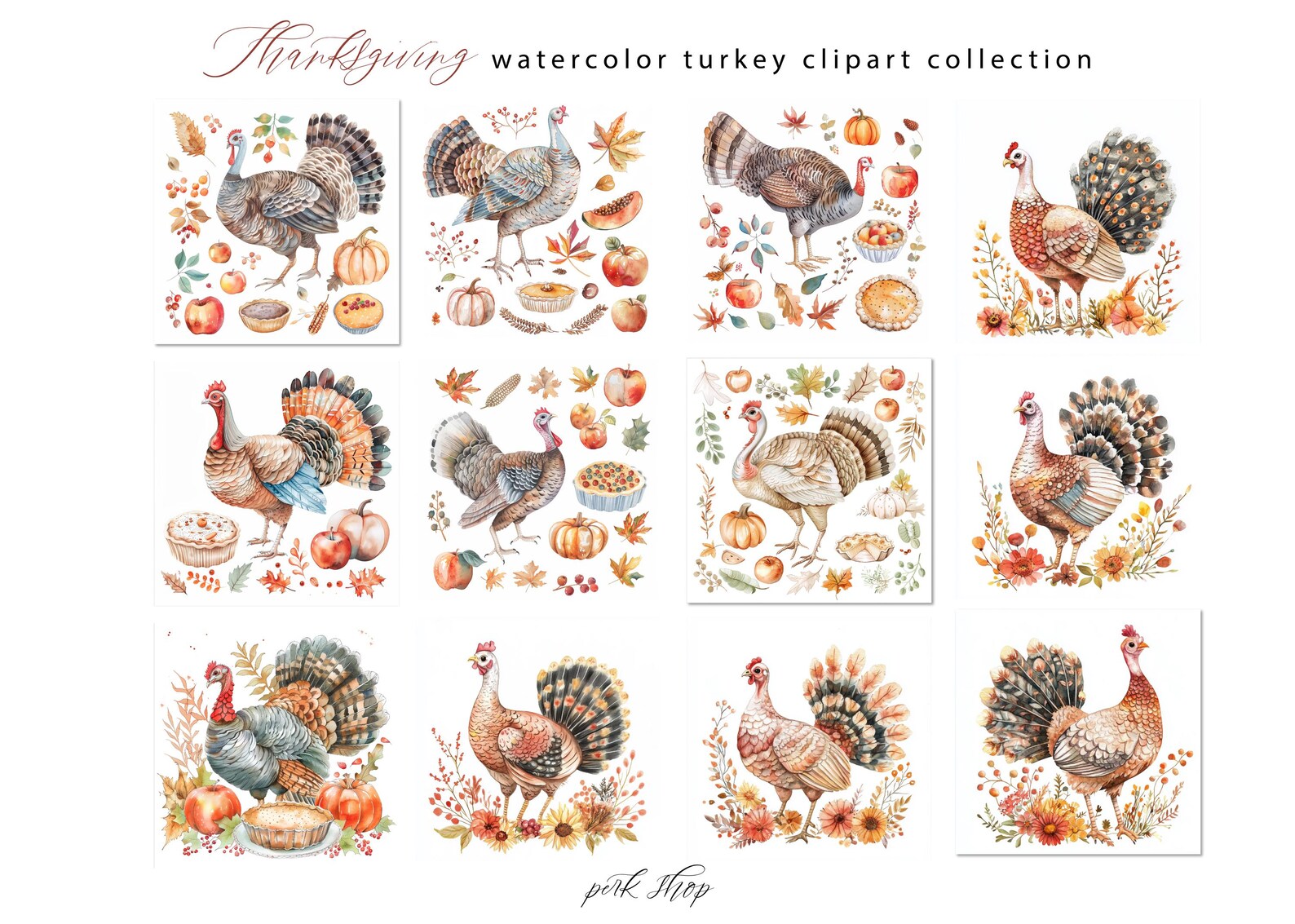 Thanksgiving Turkey Autumn Clipart, Floral Fall Watercolor, Printable ...