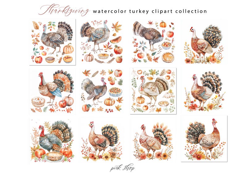 Thanksgiving Turkey Autumn Clipart, Floral Fall Watercolor, Printable ...