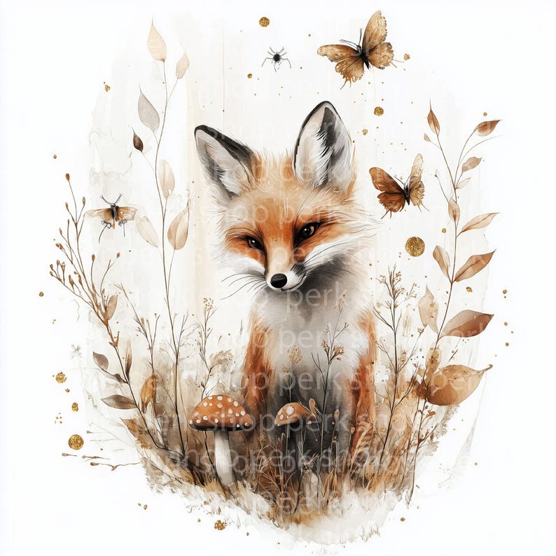 Fox Autumn Clipart: Watercolor Forest Animals, Mushroom Printables ...