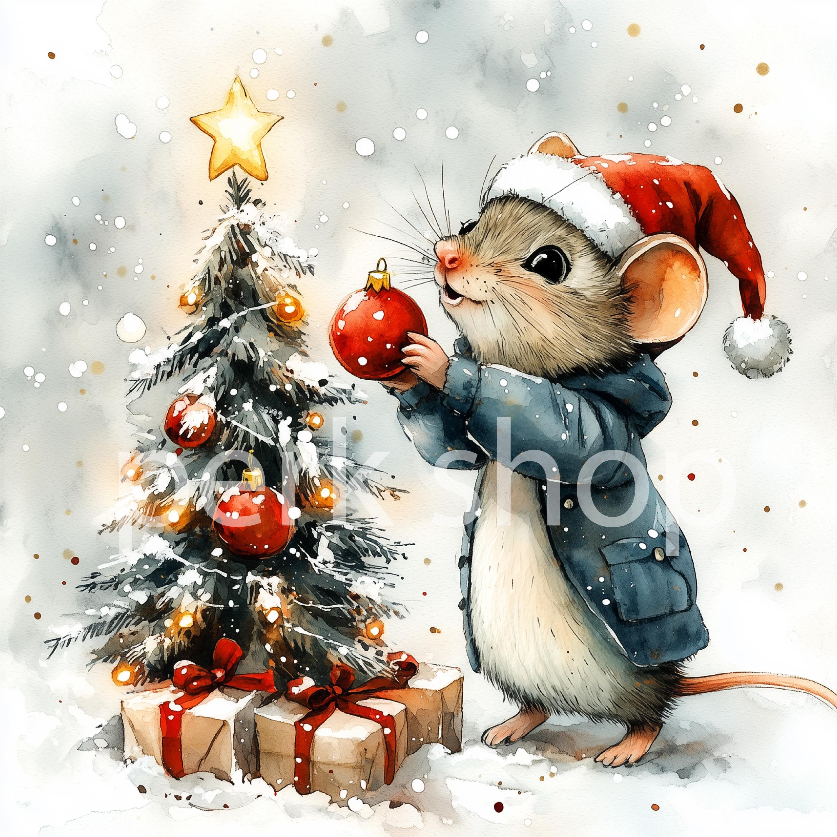 Christmas Mice Clipart: Watercolor Tree, Holiday Card Design (digital ...