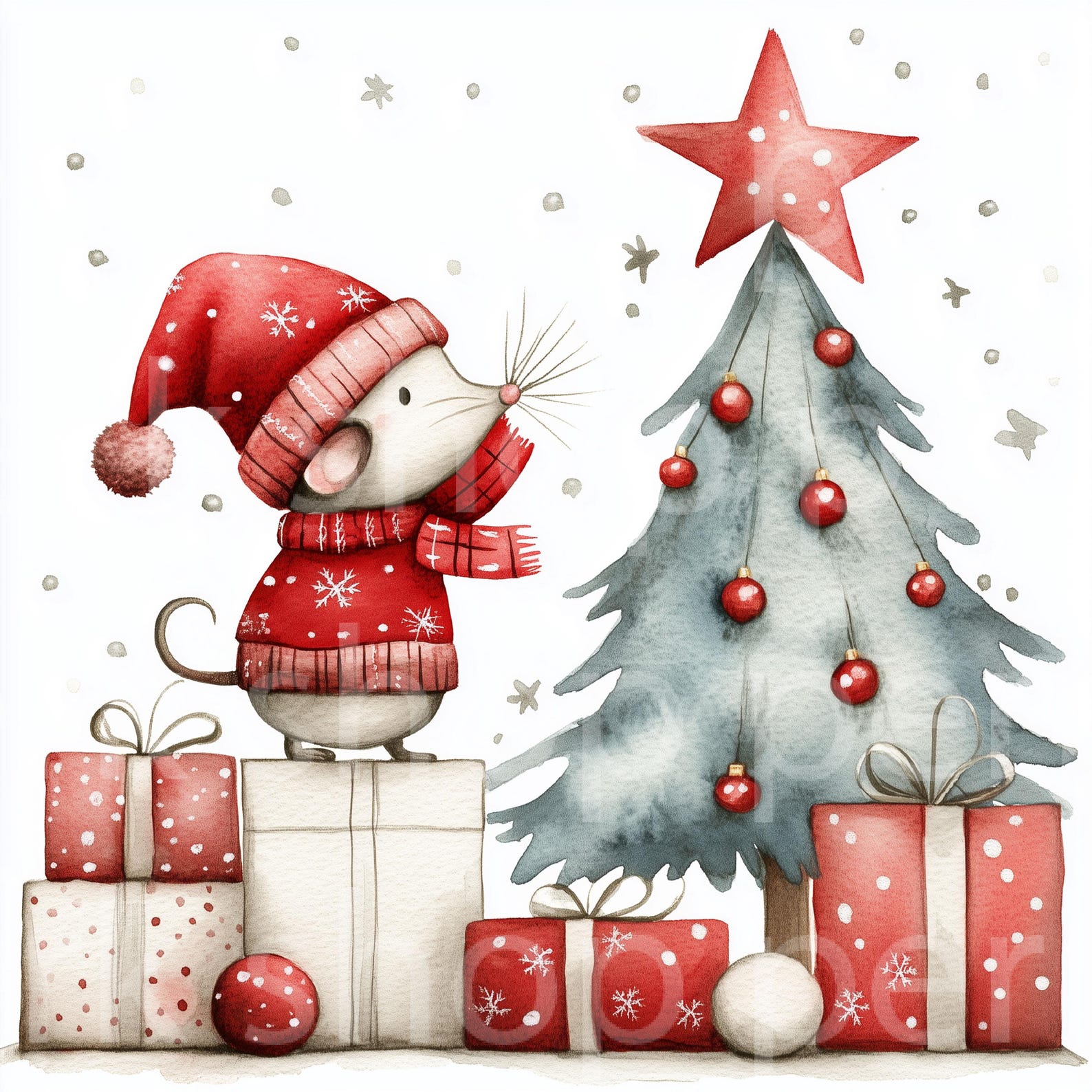 Christmas Tree Mice Watercolor Clipart: Winter Holiday Decor (digital ...