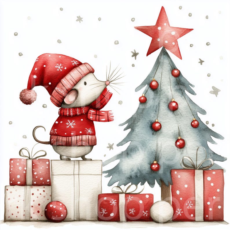 7 Christmas Tree Mice Clipart, Mouse Winter Decor Watercolor Art ...