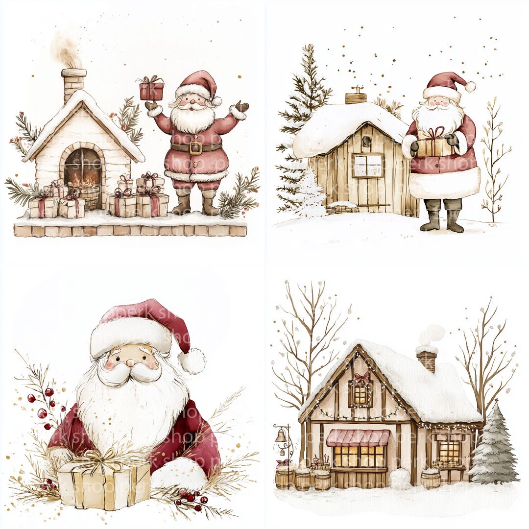 Watercolor Santa Clipart Set, Christmas Houses PNG (digital Download ...