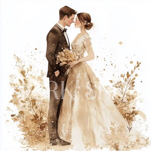 Autumn Wedding Couple Watercolor Clipart: Beige Invitation Design ...