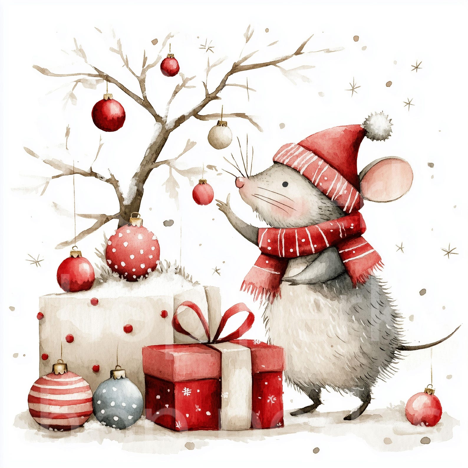 Christmas Tree Mice Watercolor Clipart: Winter Holiday Decor (digital ...