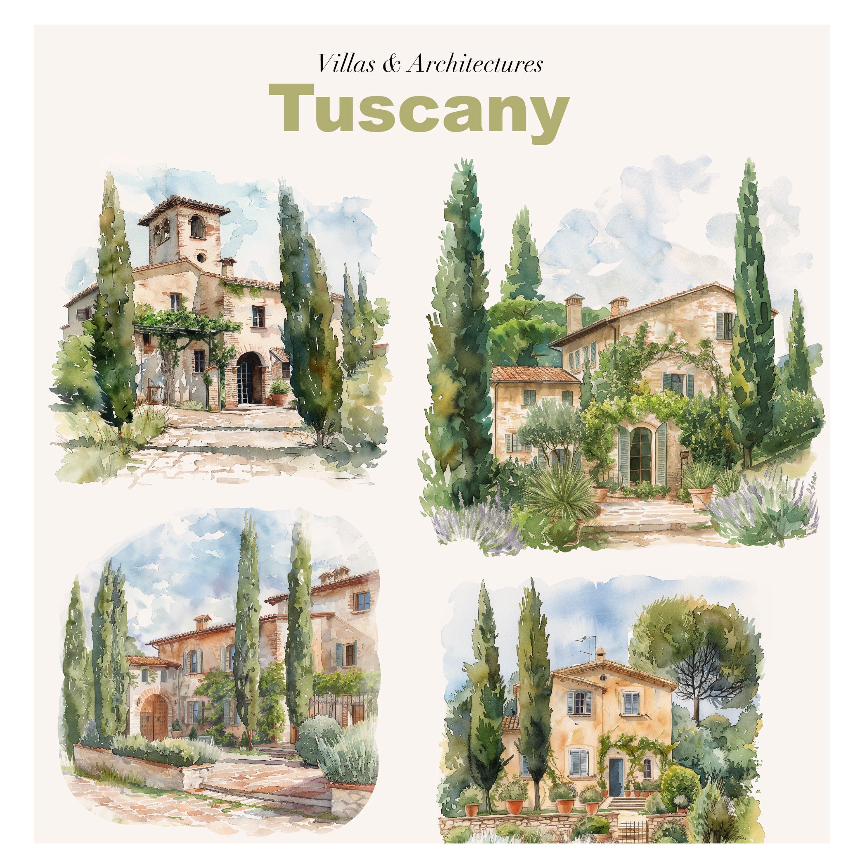 4 Italian Villas Clipart, Watercolor Tuscany Landscape Clip Art ...