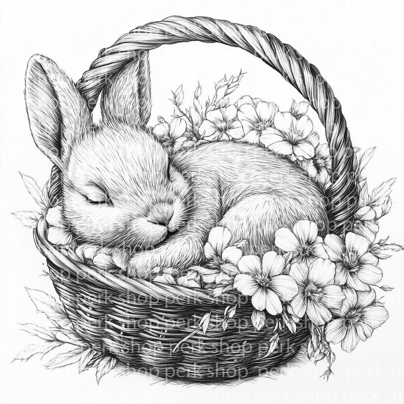 11 Easter Bunny Clipart, Hand-drawn Rabbit in Basket Flowers, Black and ...