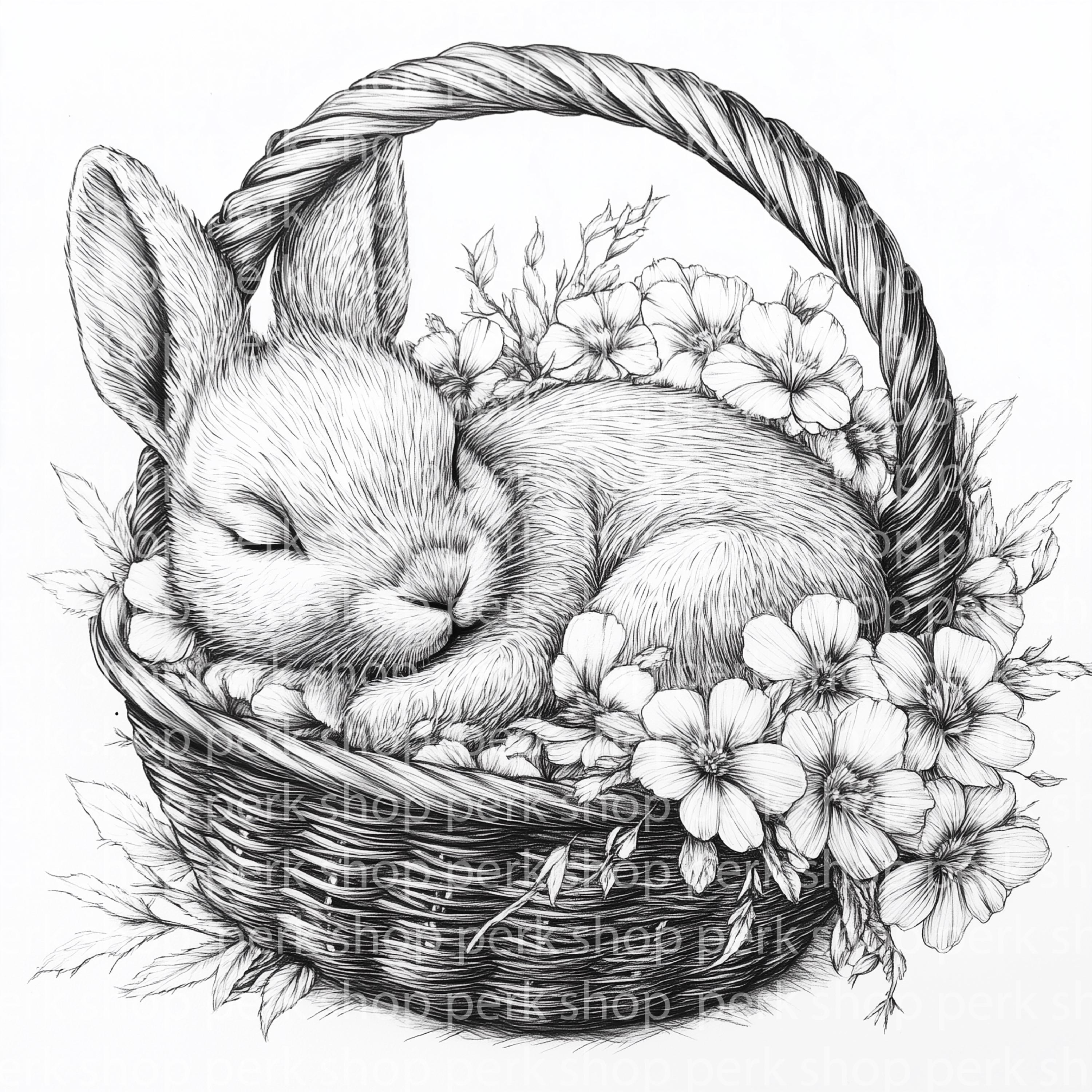 Easter Bunny Clipart: Hand-drawn Rabbit, Basket Flowers (JPG Digital ...