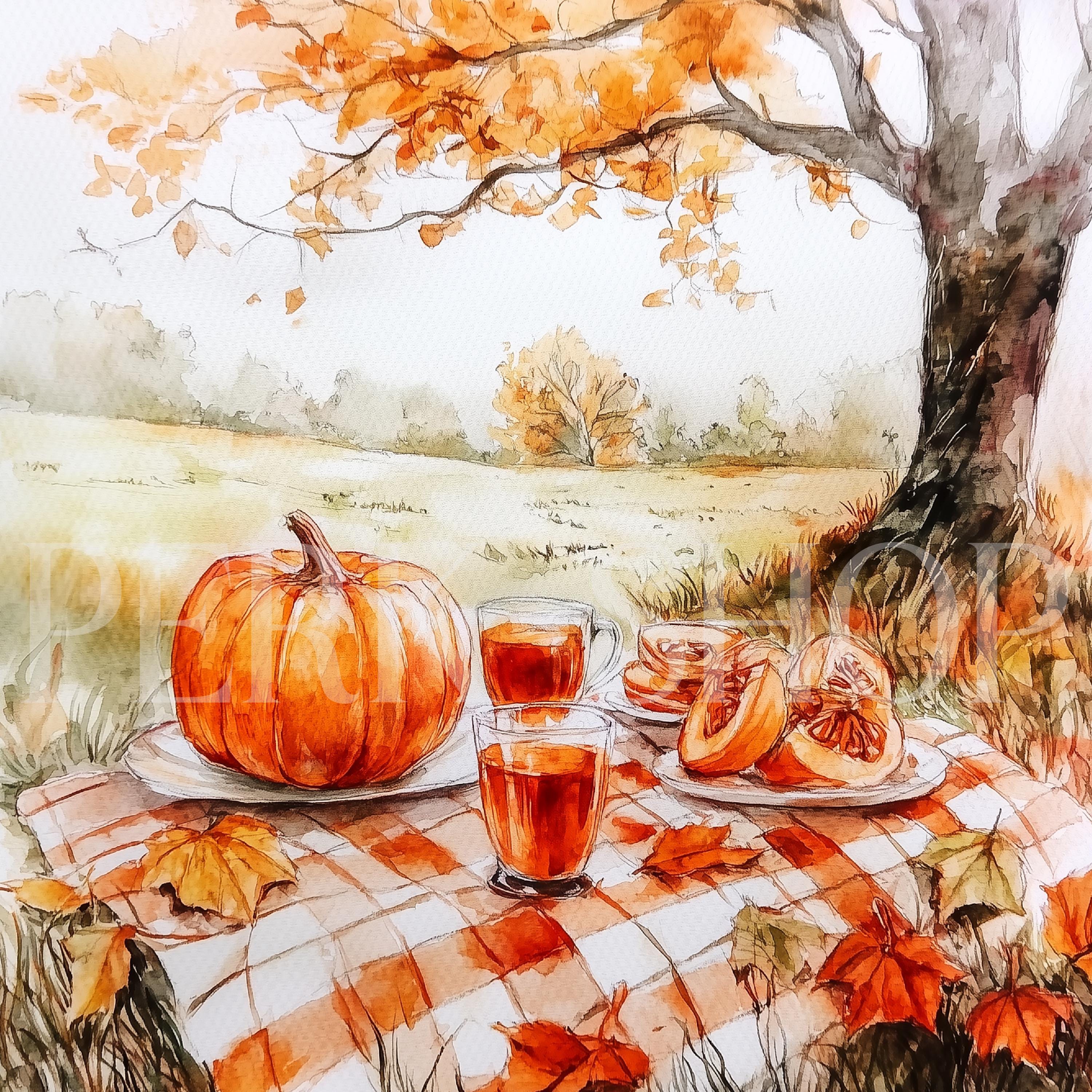 Autumn Pumpkin Picnic Watercolor Art: Fall Landscape (digital Download ...