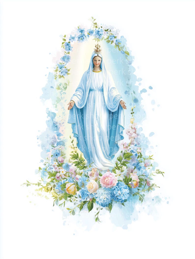 8 Virgin Maria Easter Clipart, Watercolor Floral Religious Wall Art ...