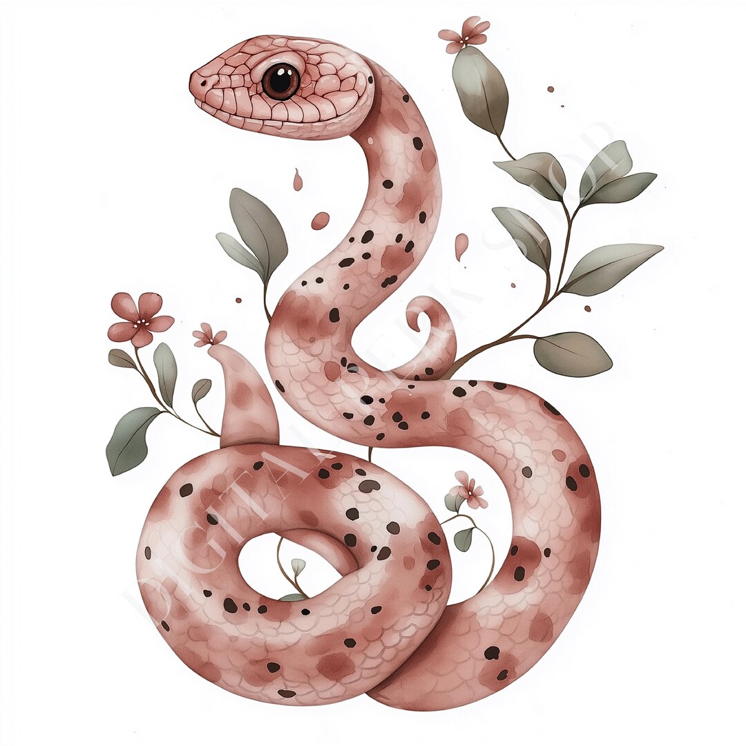 Baby Pink Snake Clipart, Cartoon Reptile Watercolor Digital Art ...