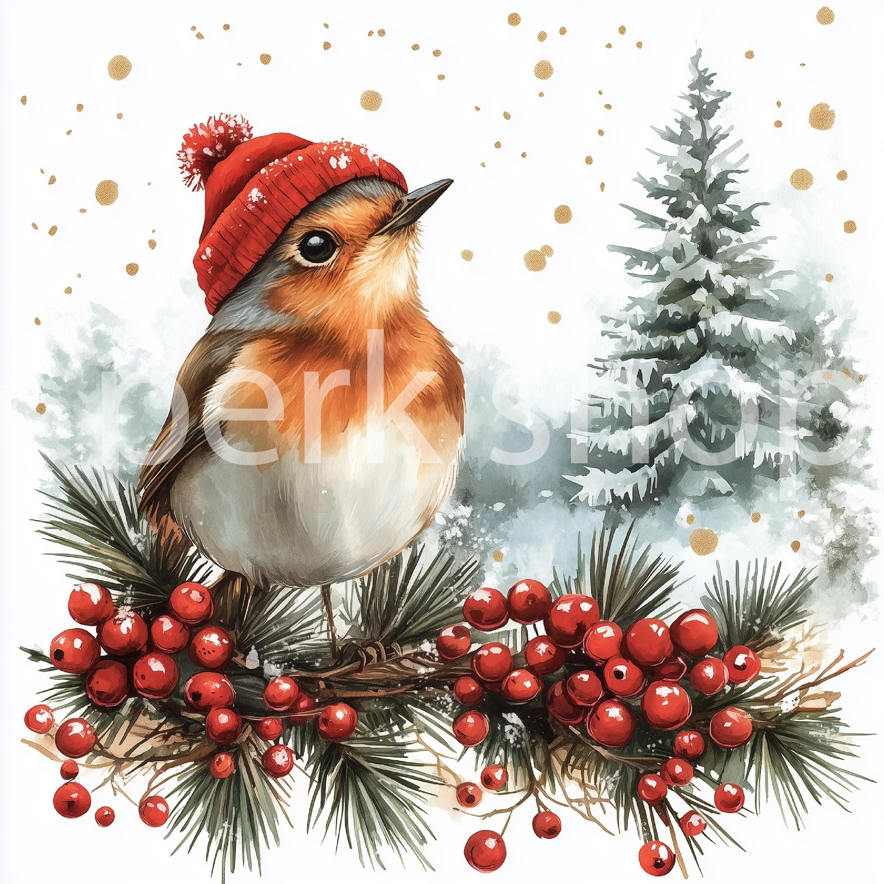 Robin Christmas Clipart: Watercolor Winter Bird Digital Decor (download ...