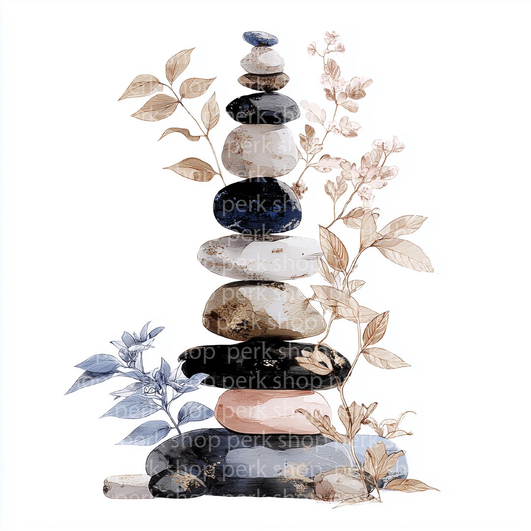 Zen Stone Stack Watercolor Clipart: Boho Spa Wall Art (jpgs, Digital ...