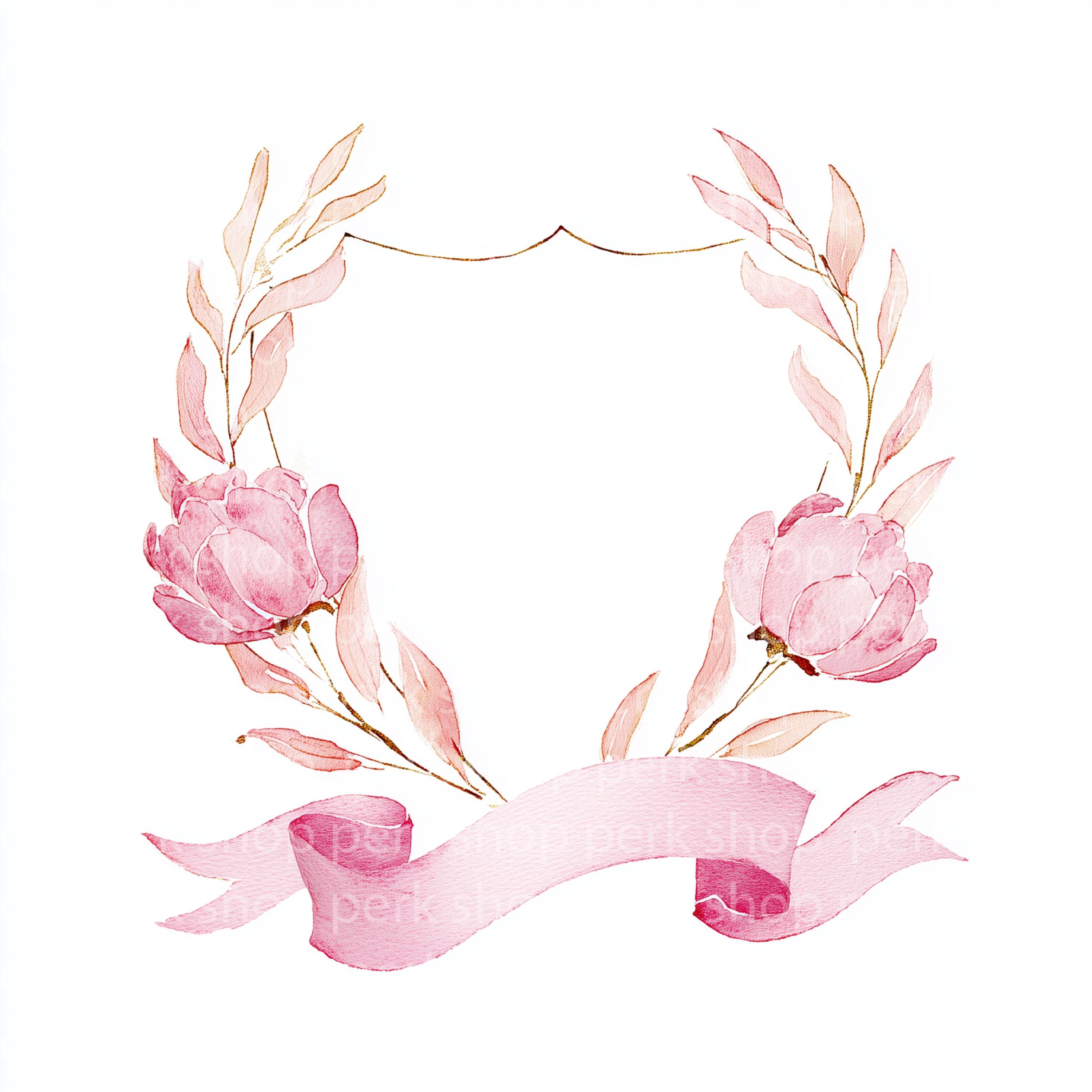 Pink Floral Crest Watercolor Clipart - Peony Wedding Shield Frame ...
