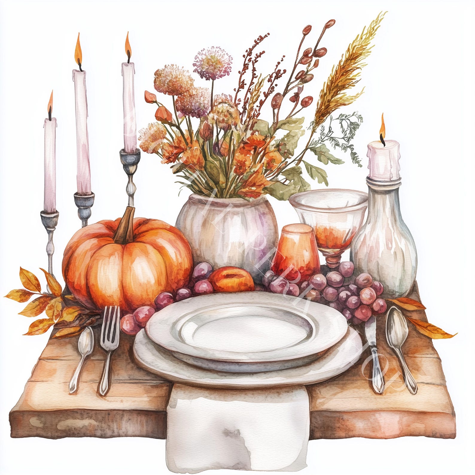 Watercolor Thanksgiving Table Clipart: Autumn Pumpkin Decor (digital ...