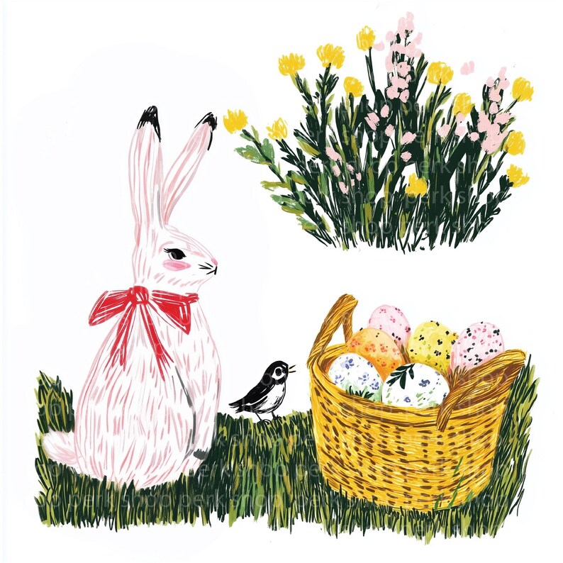 Easter Bunny Clipart, Spring Rabbit With Basket Flowers, Scrapbooking ...