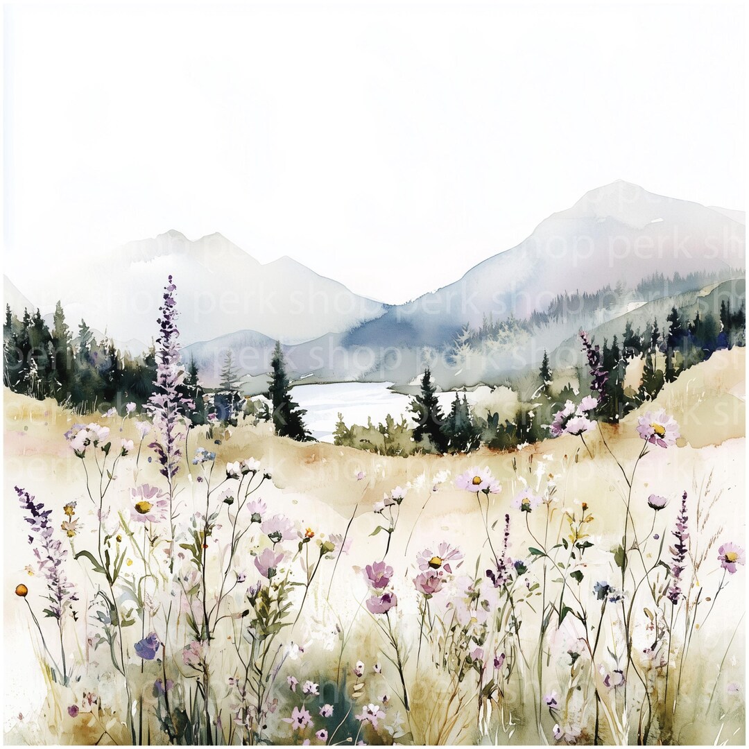 Watercolor Flower Meadow Clipart: Summer Field Landscape (digital ...