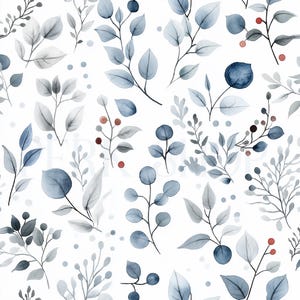 24 Winter Digital Paper, Blue Watercolor Botanical Clipart, Printable ...