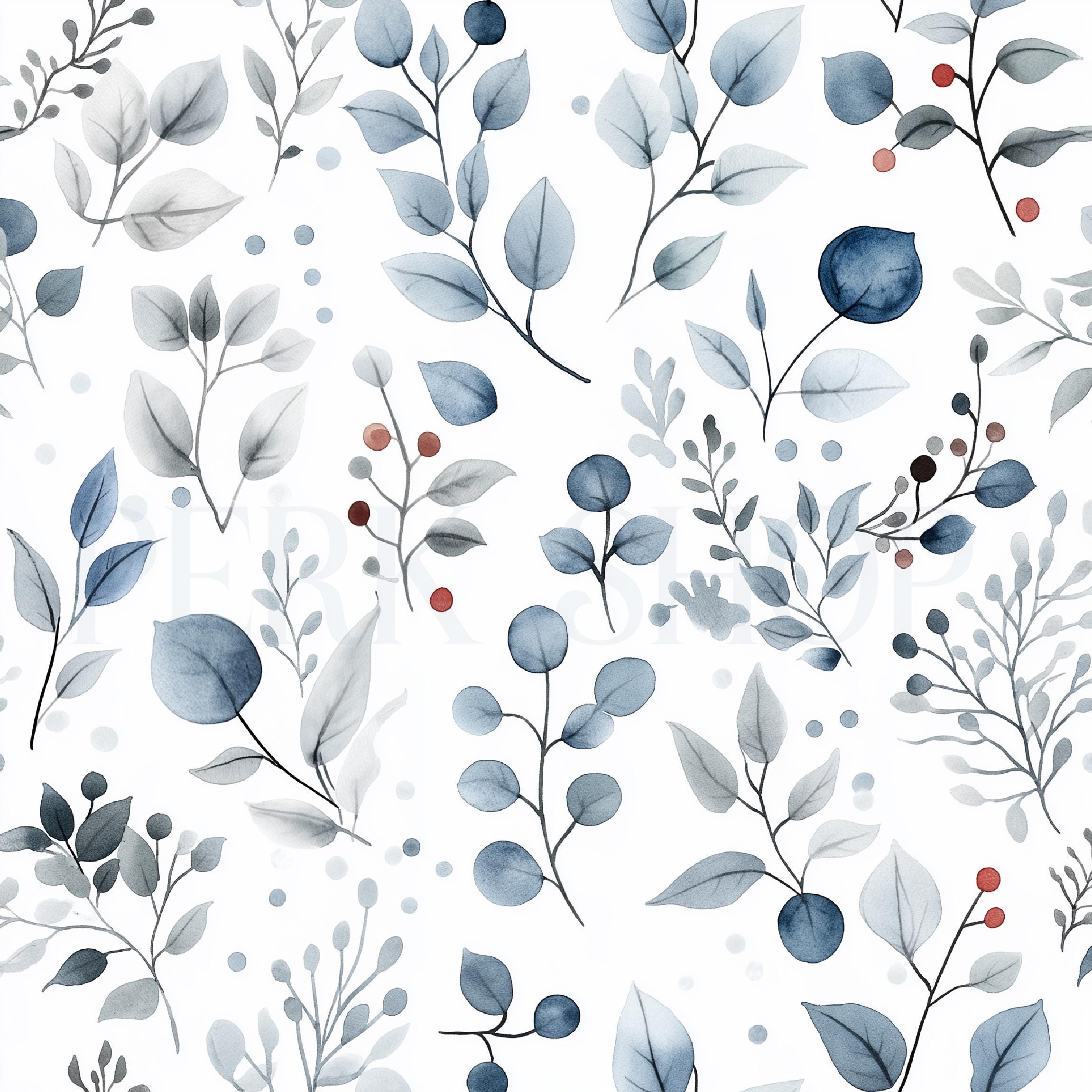 24 Winter Digital Paper, Blue Watercolor Botanical Clipart, Printable ...