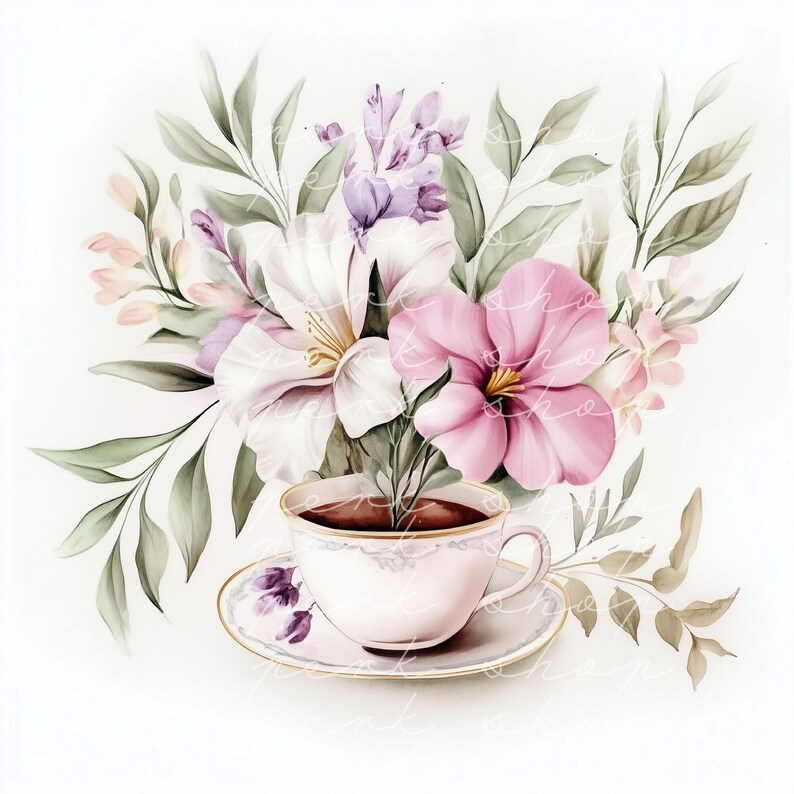 Floral Tea Cup Watercolor Clipart: Spring Flowers (digital Download) - Etsy