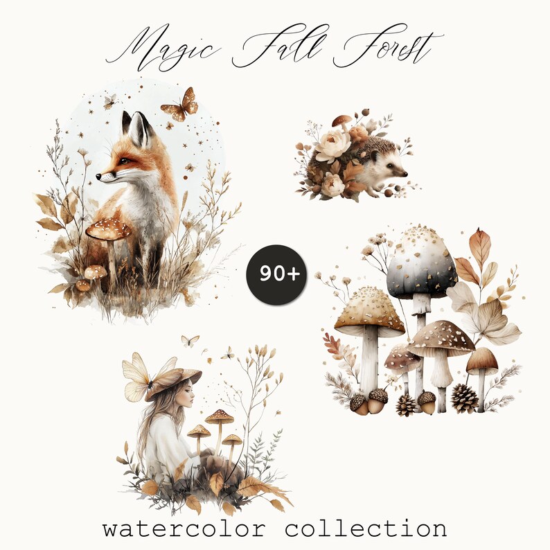 Watercolor Fall Forest Clipart: Woodland Animals, Pumpkins (90+ PNG ...