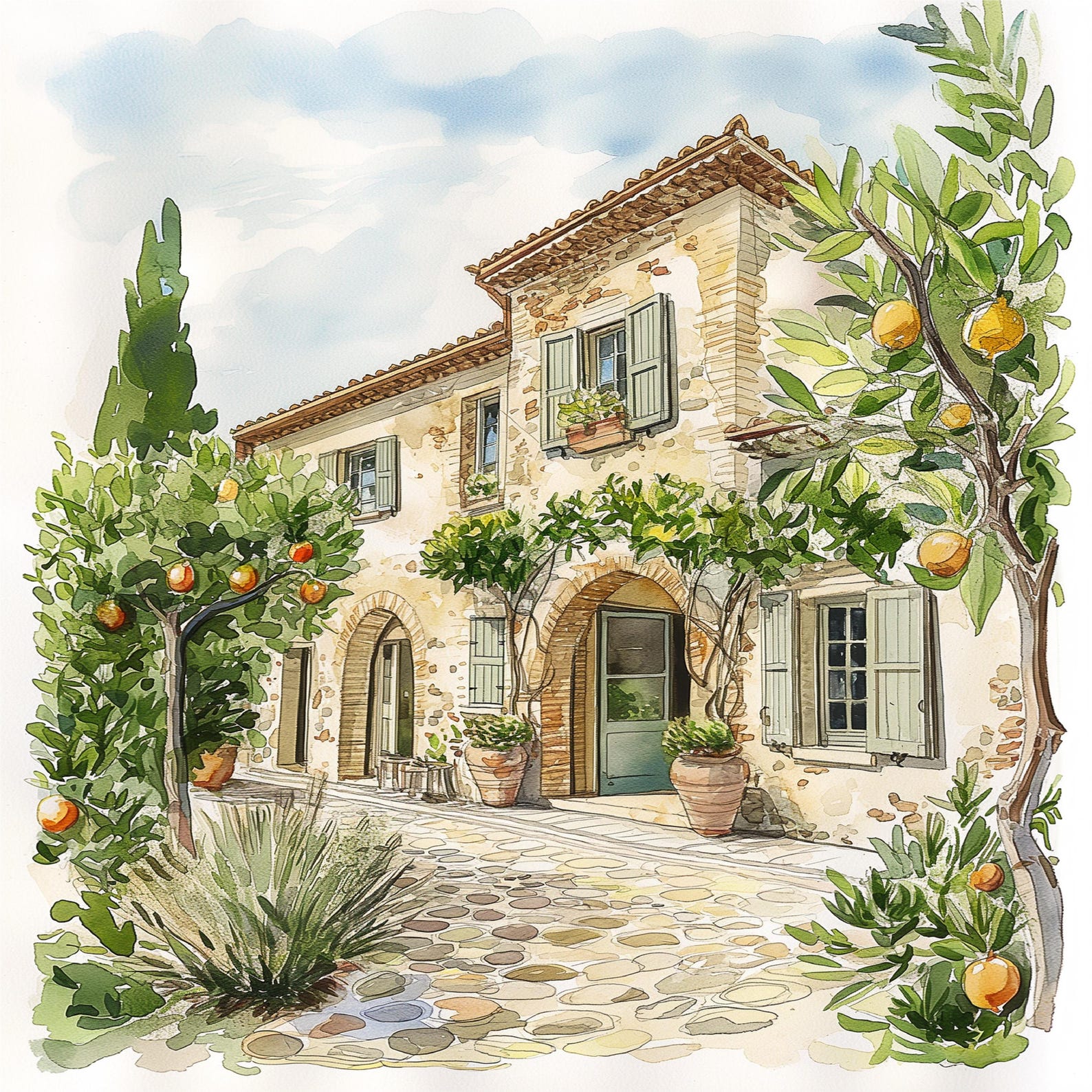 Amalfi Italian Villa Clipart, Watercolor Italy Streets Landscape ...