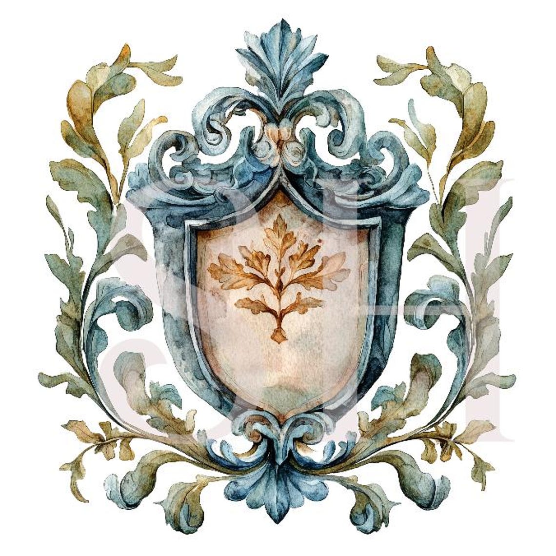 Baroque Crest PNG: Vintage Watercolor Royal Victorian Logo (digital ...
