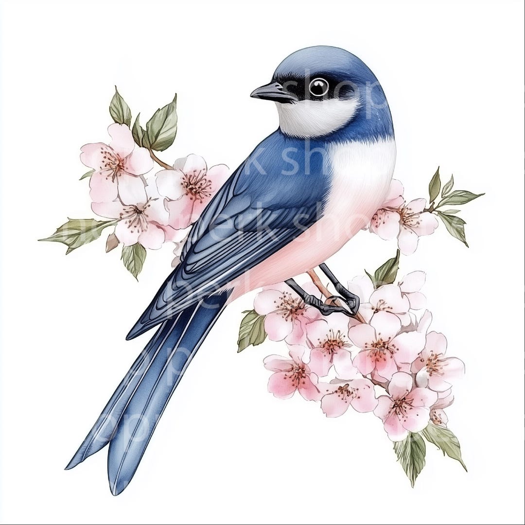 8 Bird on Cherry Blossom Branch Clipart, Digital Download, Printable ...
