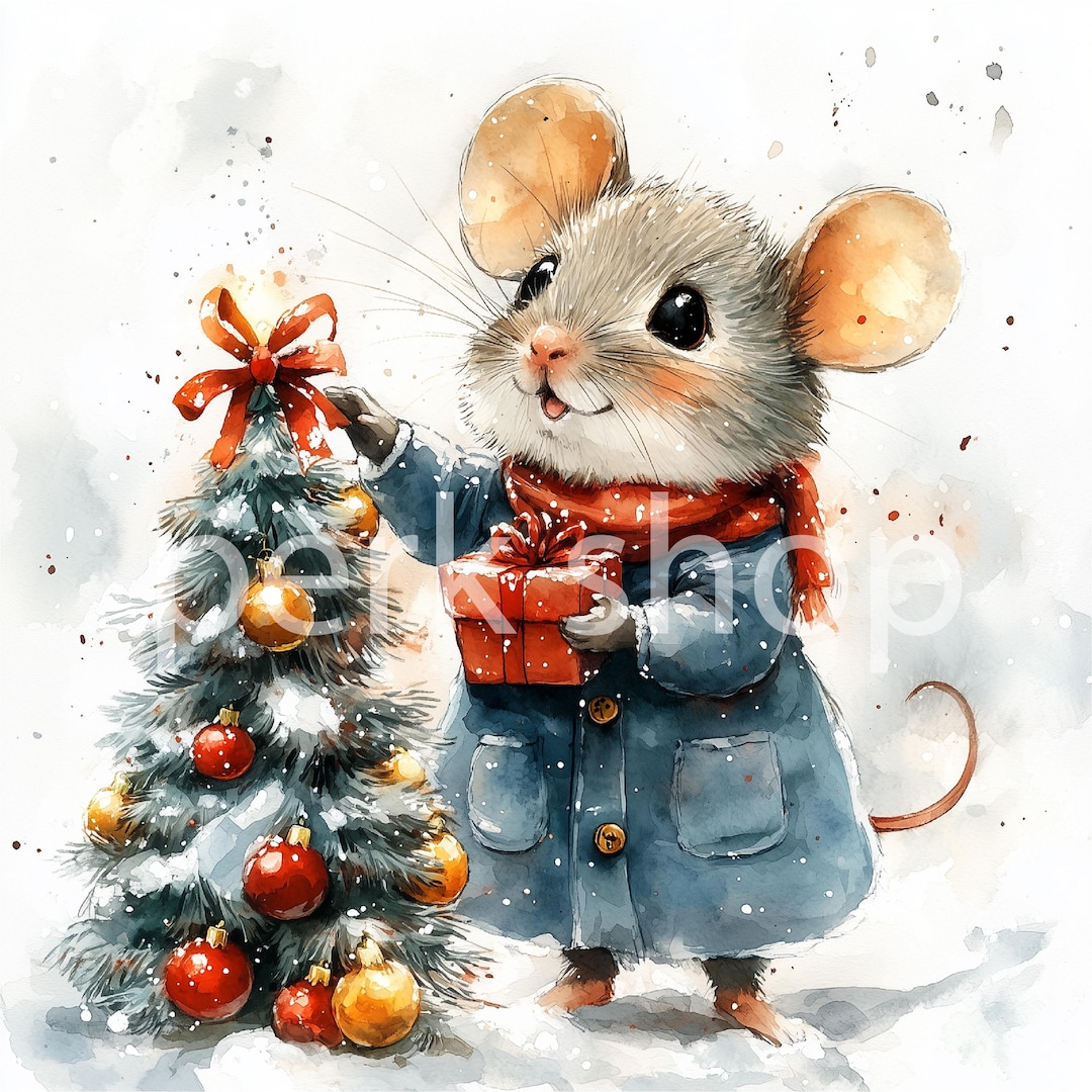 Christmas Mice Clipart: Watercolor Tree, Holiday Card Design (digital ...