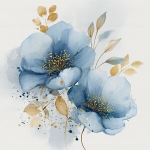 Blue Flower Abstract Watercolor Clipart: Blue & Gold Shimmer Floral Art ...