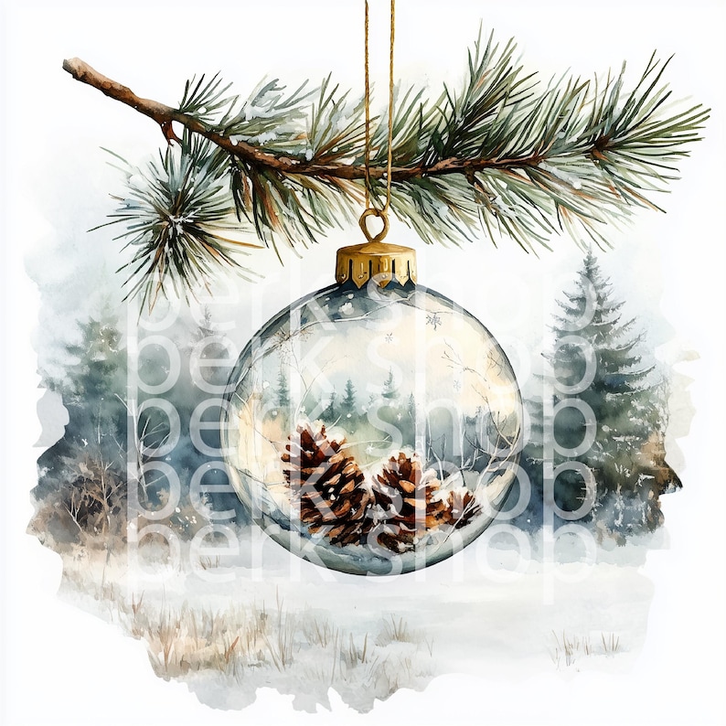 10 Christmas Tree Bauble Clipart, Winter Landscape Watercolor Art ...