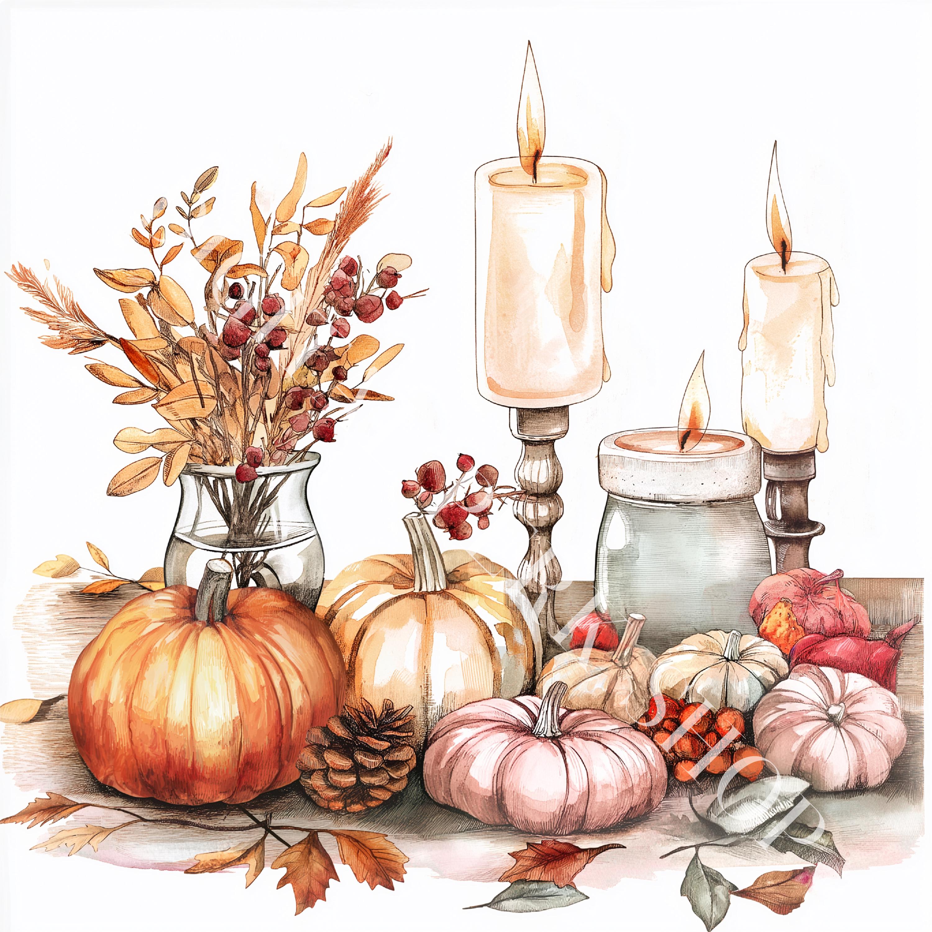 Watercolor Thanksgiving Table Clipart: Autumn Pumpkin Decor (digital ...