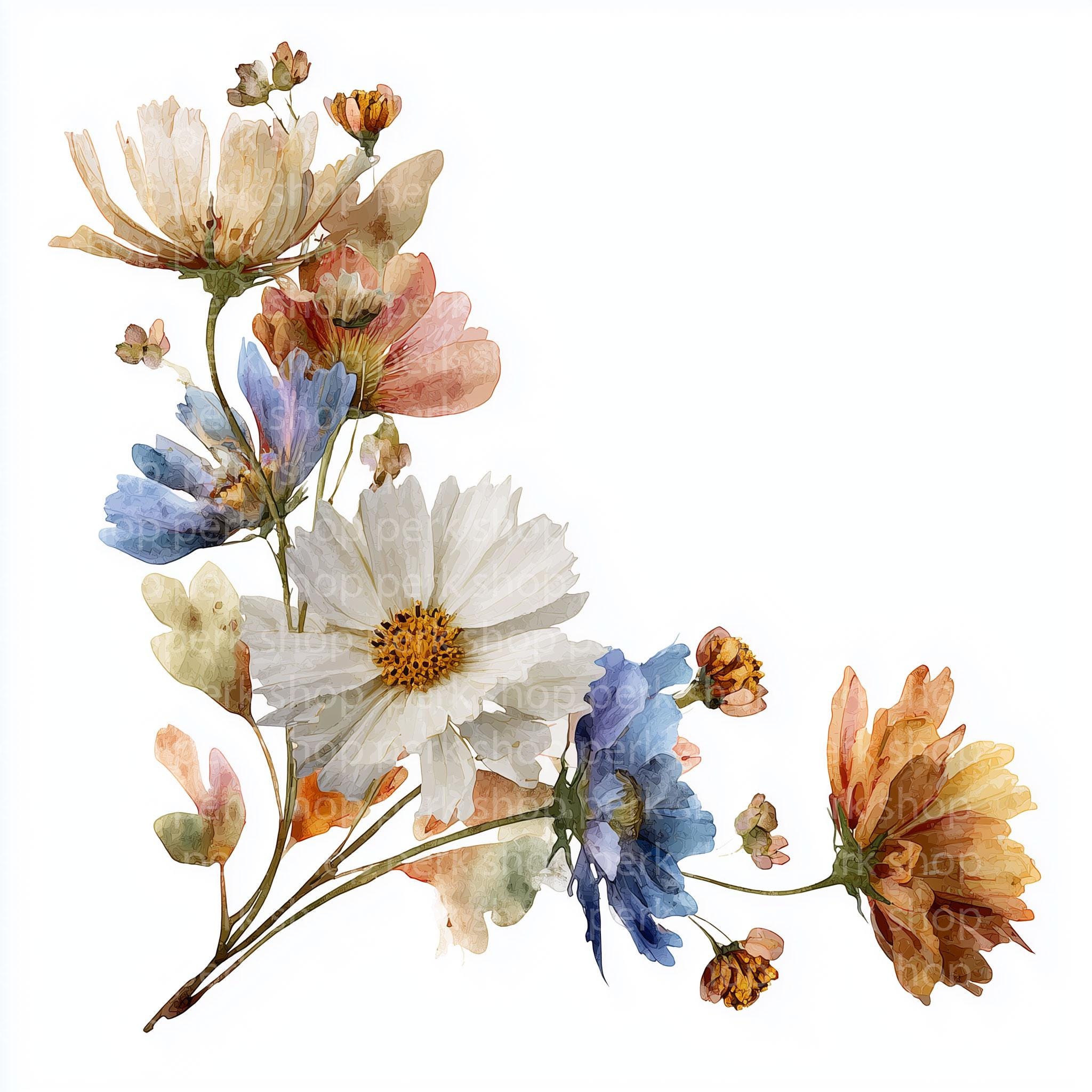 Daisy Wildflowers Corner Clipart: Watercolor Floral Borders (digital ...